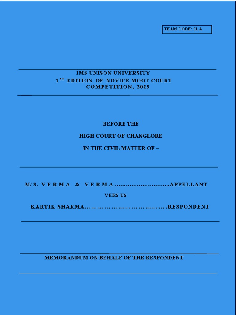 Memorandum For Respondent: Team Code: 31 A | PDF