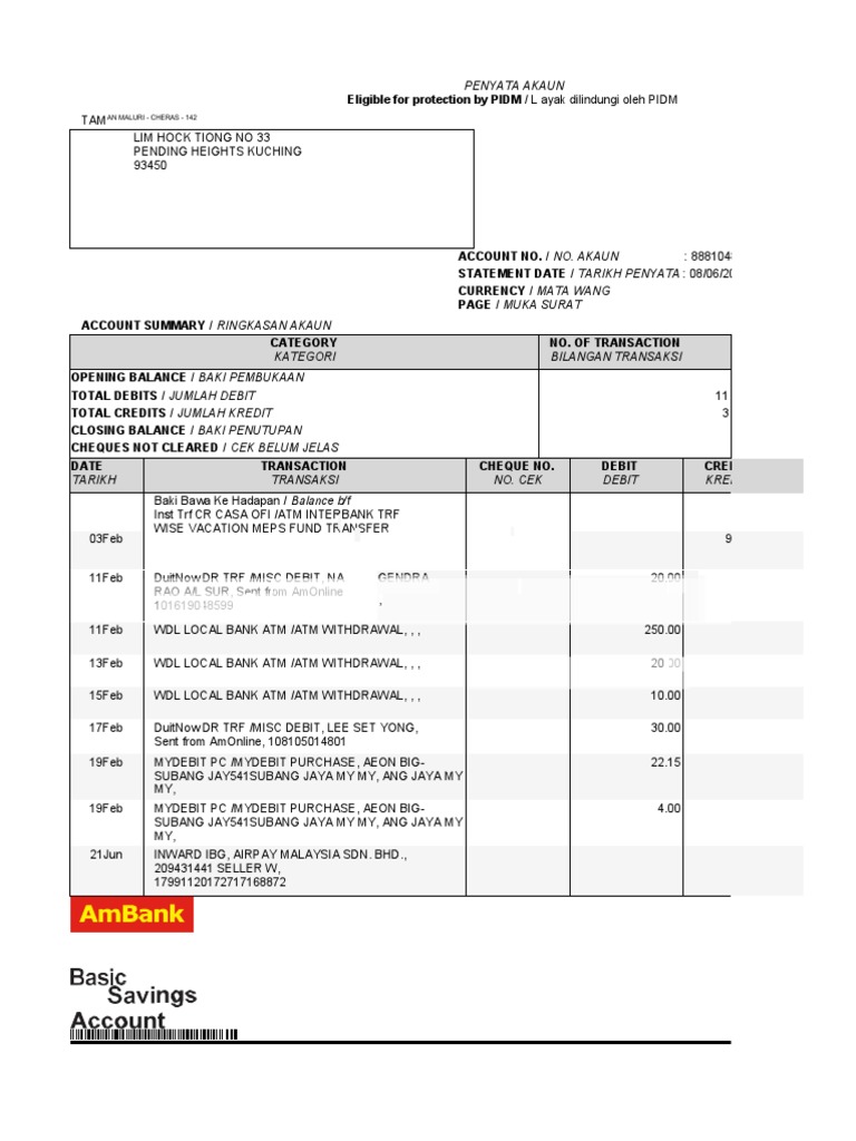 AmBank Account Statement Summary | PDF