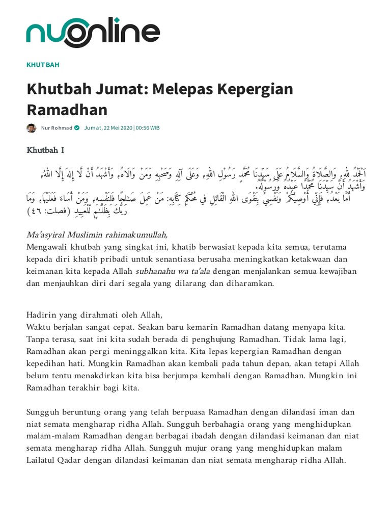 Khutbah Jumat - Melepas Kepergian Ramadhan PDF | PDF