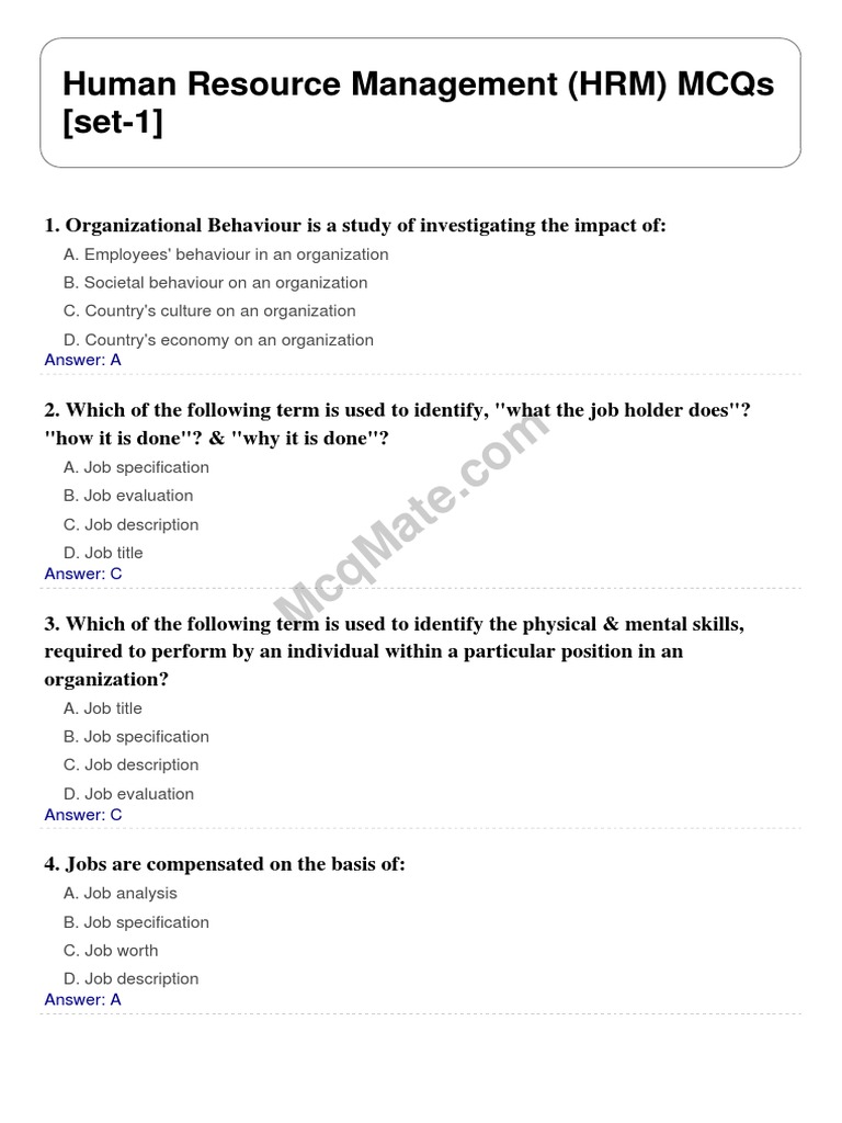 Human Resource Management (HRM) (Chapter - More MCQS) Solved MCQs (Set ...