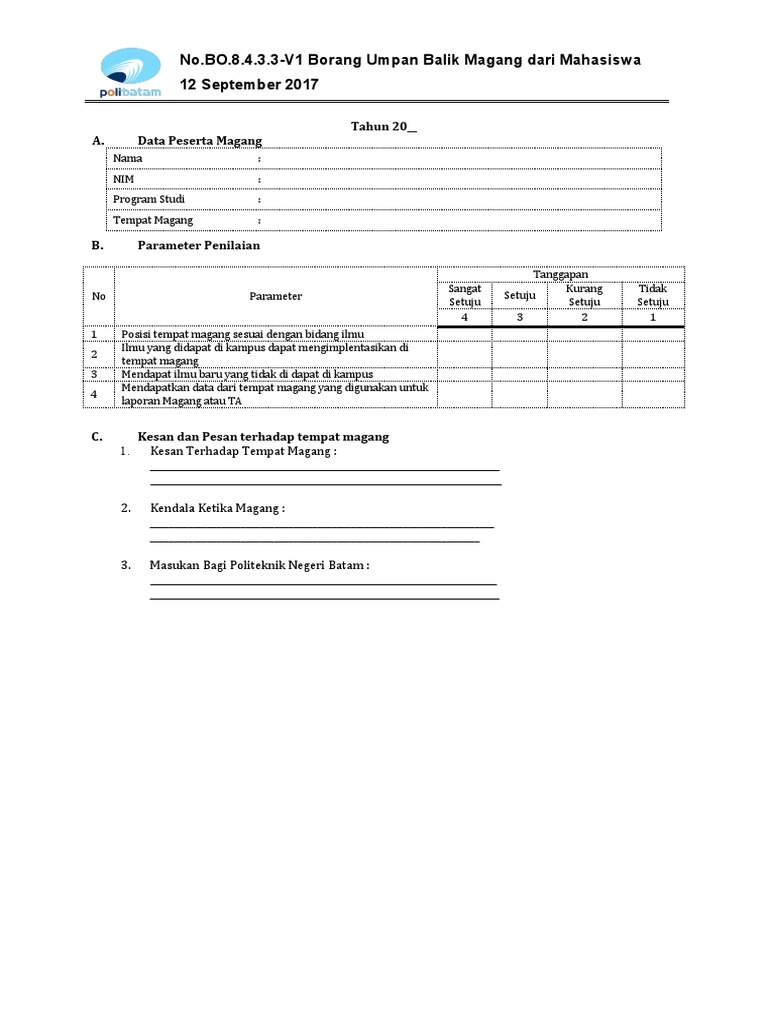 No - BO.8.4.3.3-V1 Borang Umpan Balik Magang Dari Mahasiswa | PDF