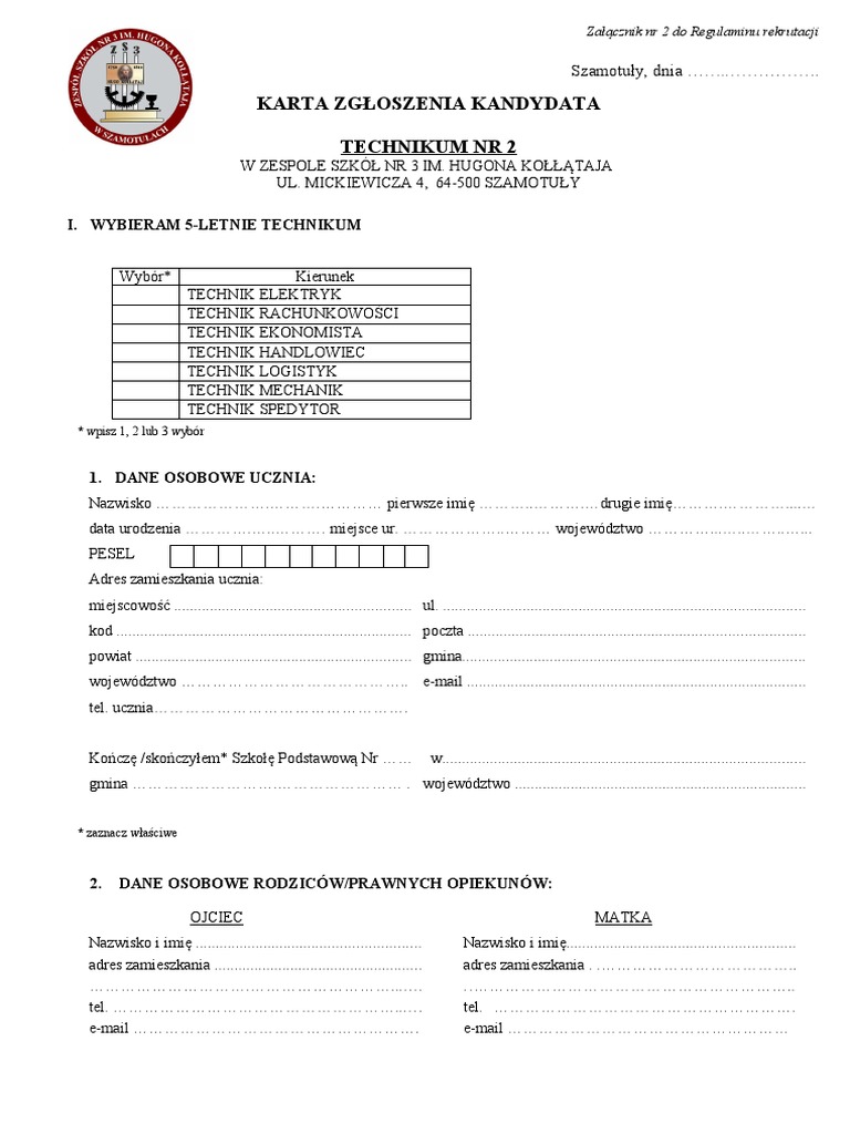 Karta Zgłoszenia 2023 2024 Technikum 1 | PDF