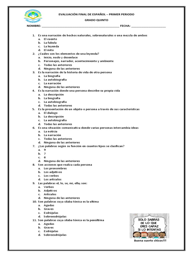 Evaluación Final Español Quinto Grado | PDF