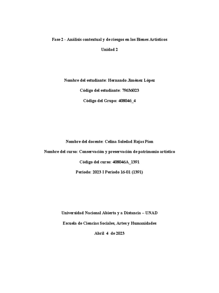 Hernando JImenez Fase 2 Análisis Contextual y de Riesgos de Los Bienes Artísticos PDF | PDF ...