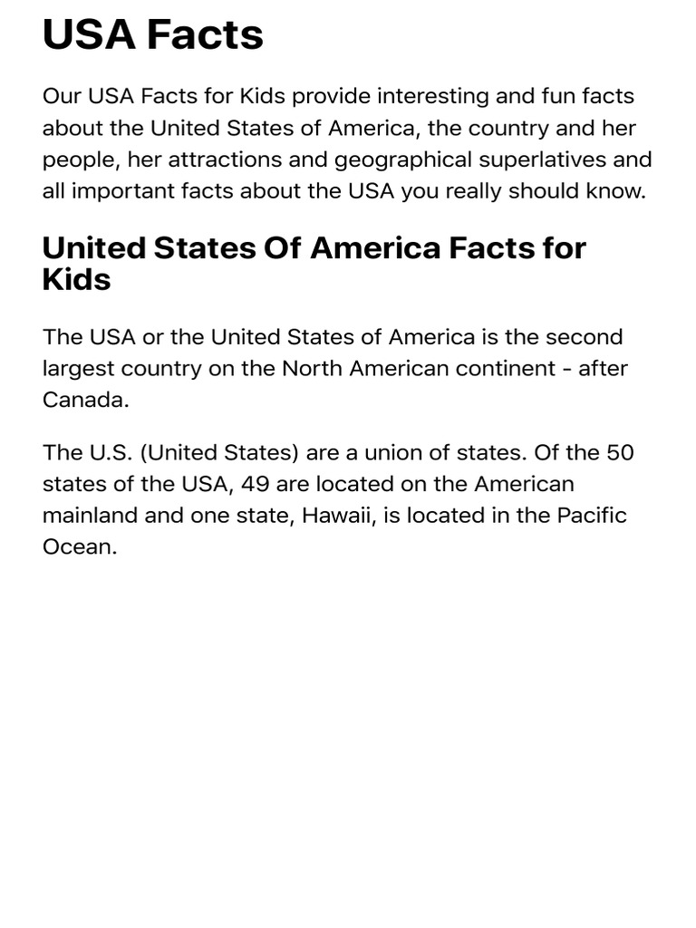 USA Facts For Kids USA For Kids Geography Landmarks People | PDF | The ...