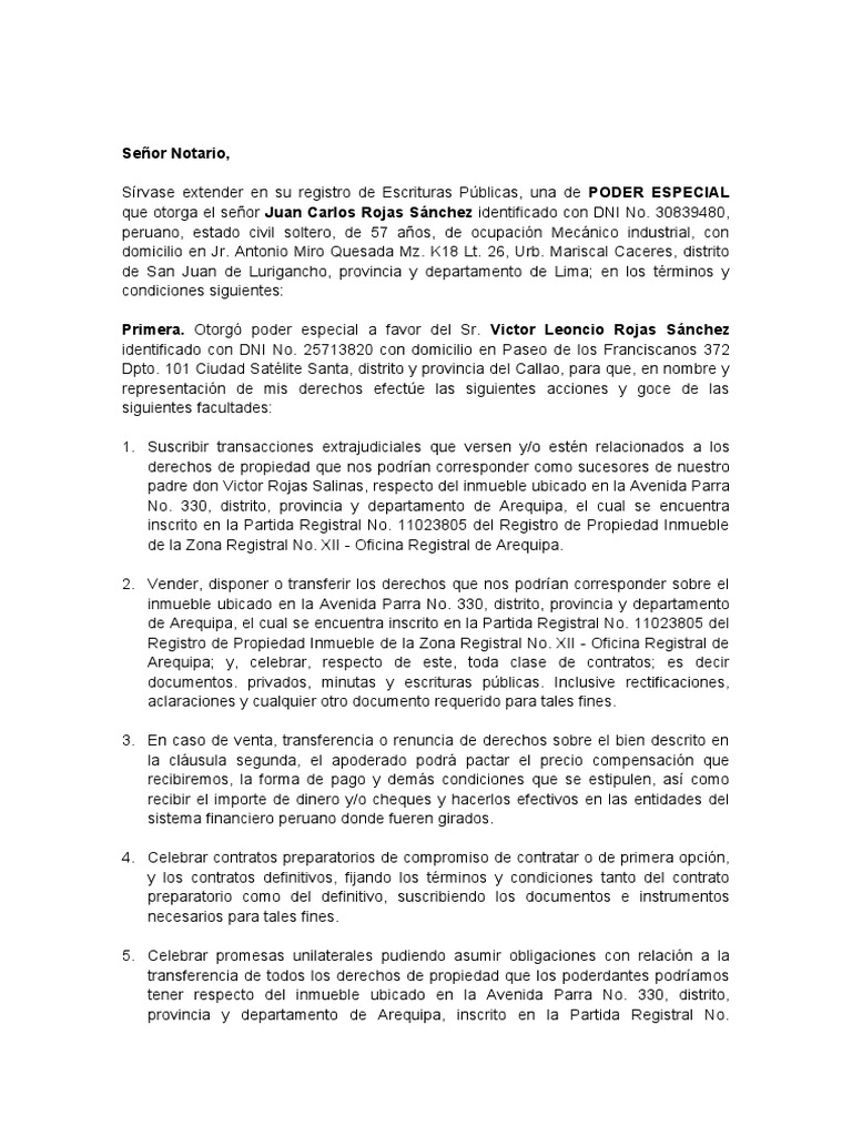 Minuta de Poder - Familia Rojas Sánchez - Lima - Juan Carlos Rojas Sánchez | PDF
