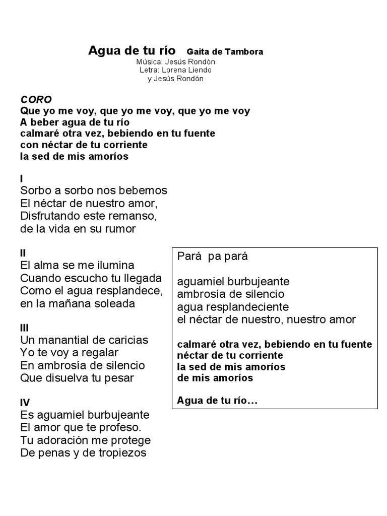 Agüa de Tu Río Letra PDF | PDF | Clásicos