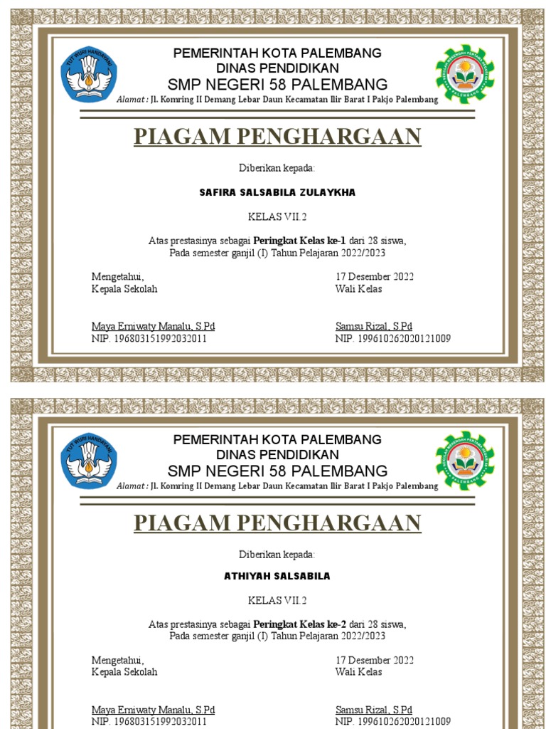 Piagam Penghargaan Juara Kelas | PDF