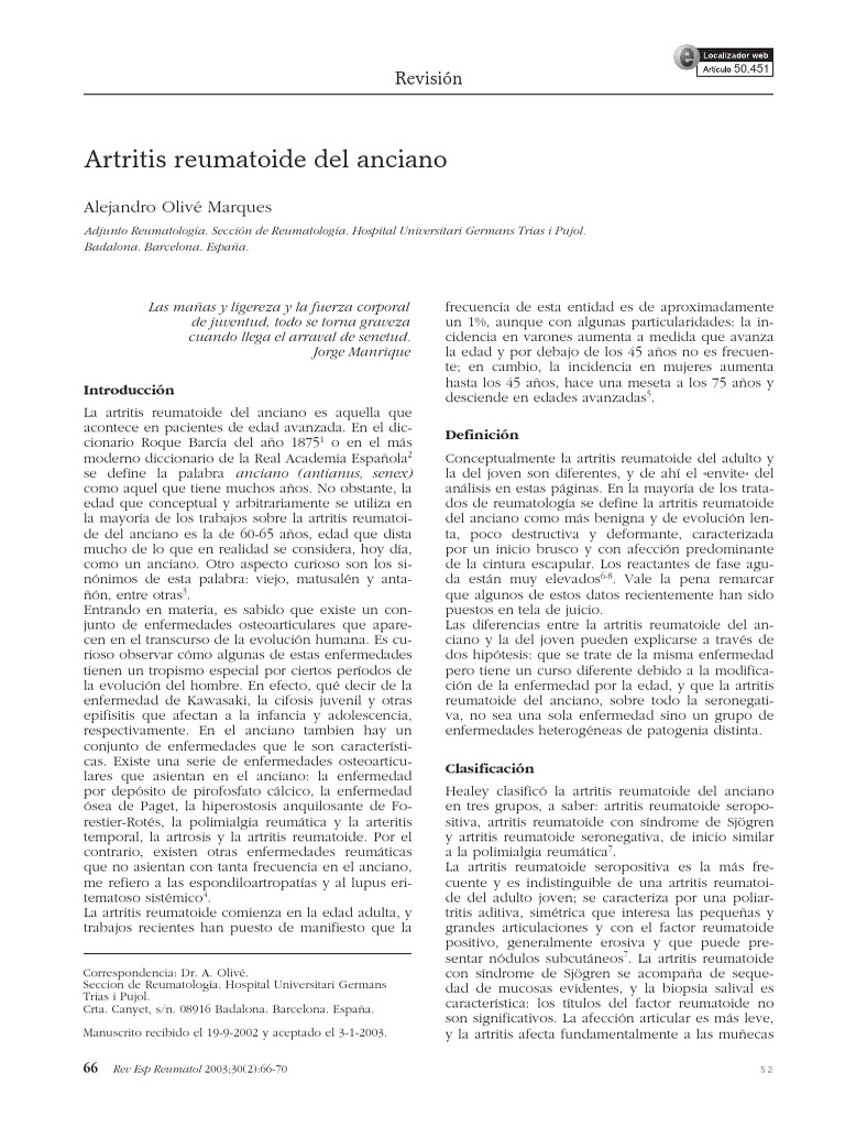 Artritis Reumatoide Del Anciano: Revisión | PDF | Artritis Reumatoide | Sistema musculoesquelético