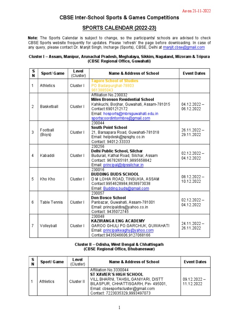 CBSE Sports Calendar 2022-23 | PDF