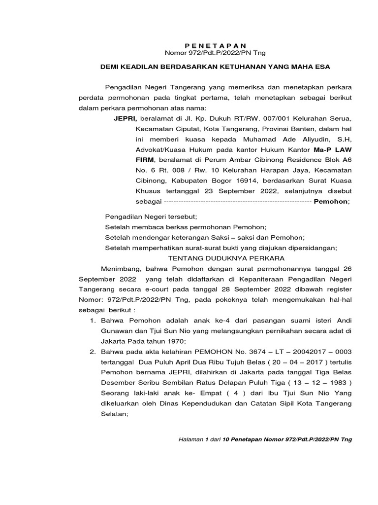 Salinan Putusan 972 PDT P 2022 PN TNG PDF | PDF | Hukum