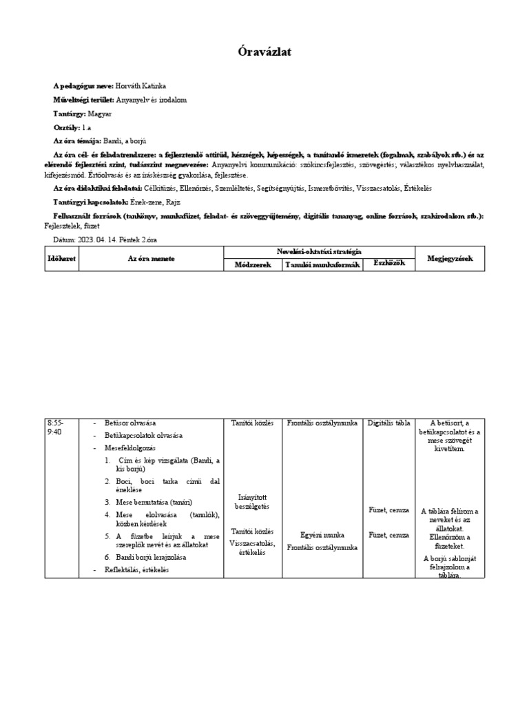 Óravázlat Magyar | PDF