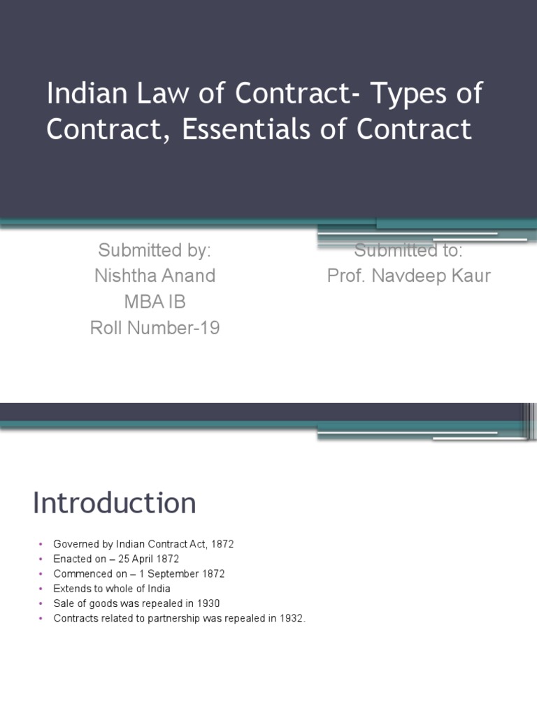 Indian Law of Contract - Types of Contract - Nishtha Anand | PDF ...