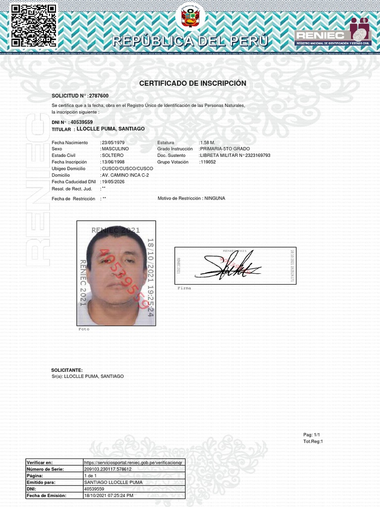 Certificado de La Reniec PDF | PDF