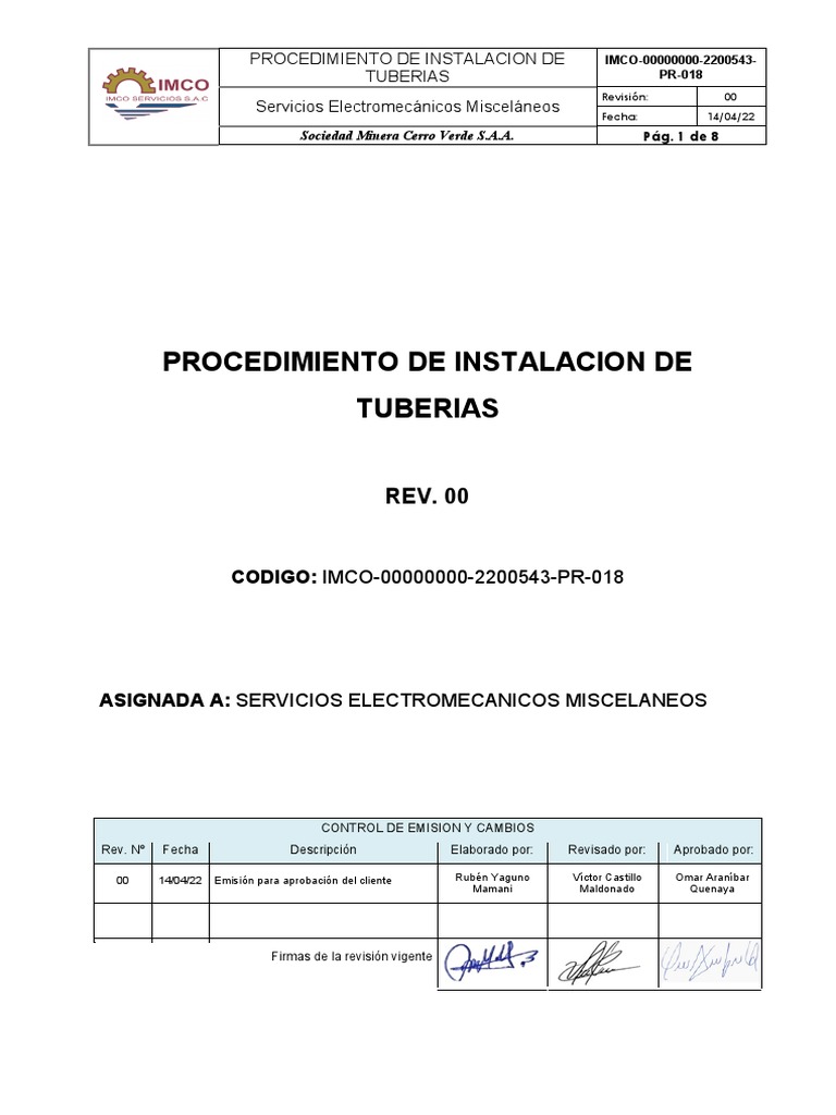 IMCO-00000000-2200543-PR-018 - Procedimiento de Instalación de Tuberías AC PDF | PDF | Soldadura ...