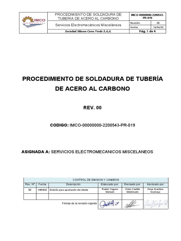 IMCO-00000000-2200543-PR-019 - Procedimiento de Soldadura de Tuberías de Acero Al Carbono PDF ...