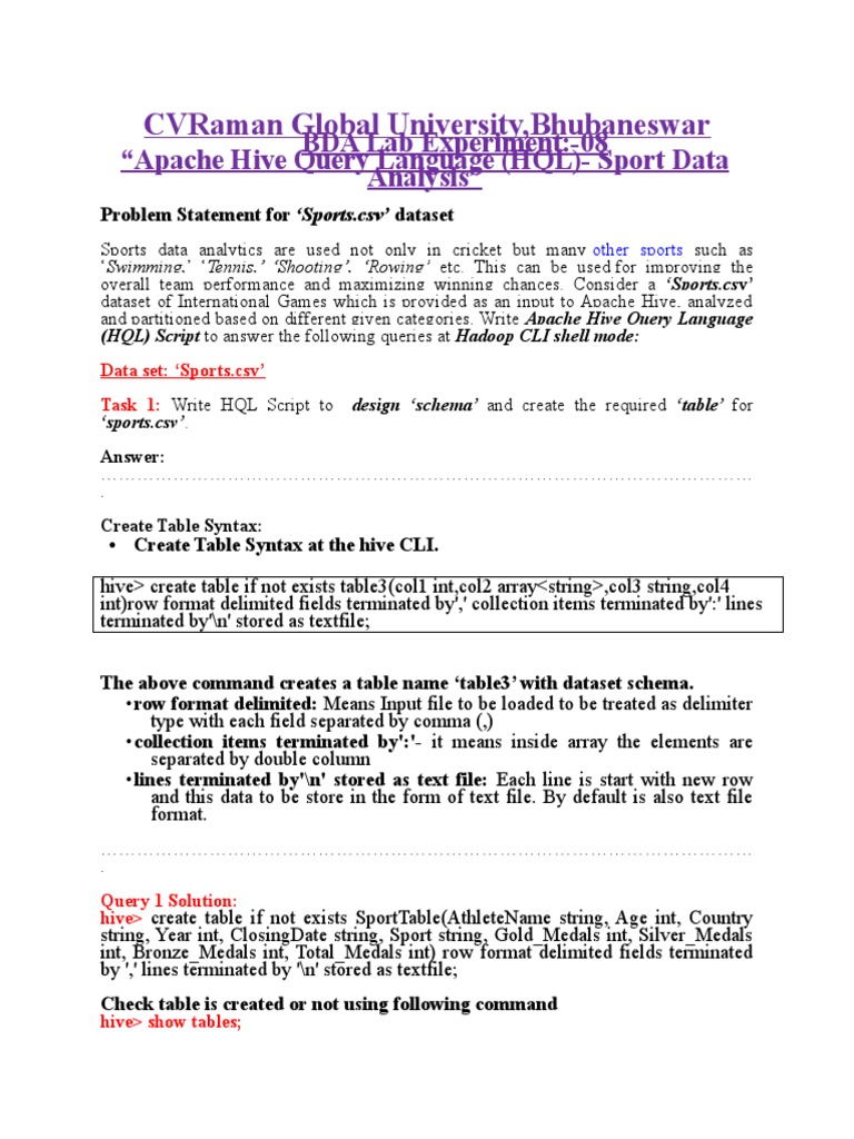 Exp-08-Sport Data Analysis Using Hive | PDF | Comma Separated Values | Computer Programming