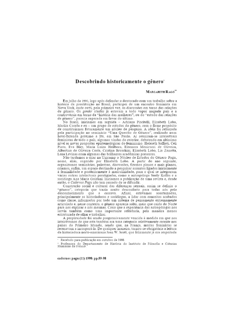 Texto - Descobrindo Historicamente o Gênero (Margareth Rago) PDF | PDF