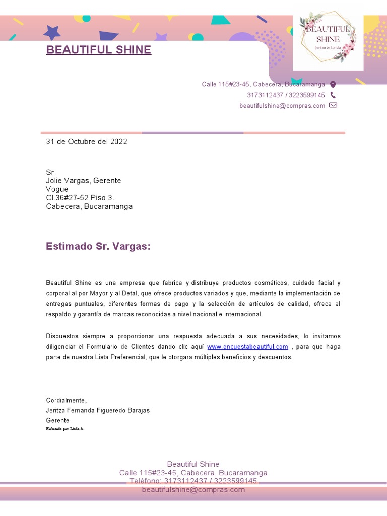 Carta Presentación Beautiful Shine | PDF