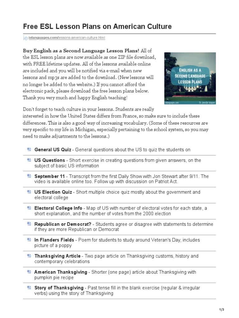 ESL Lesson Plans on American Culture | PDF | English As A Second Or ...