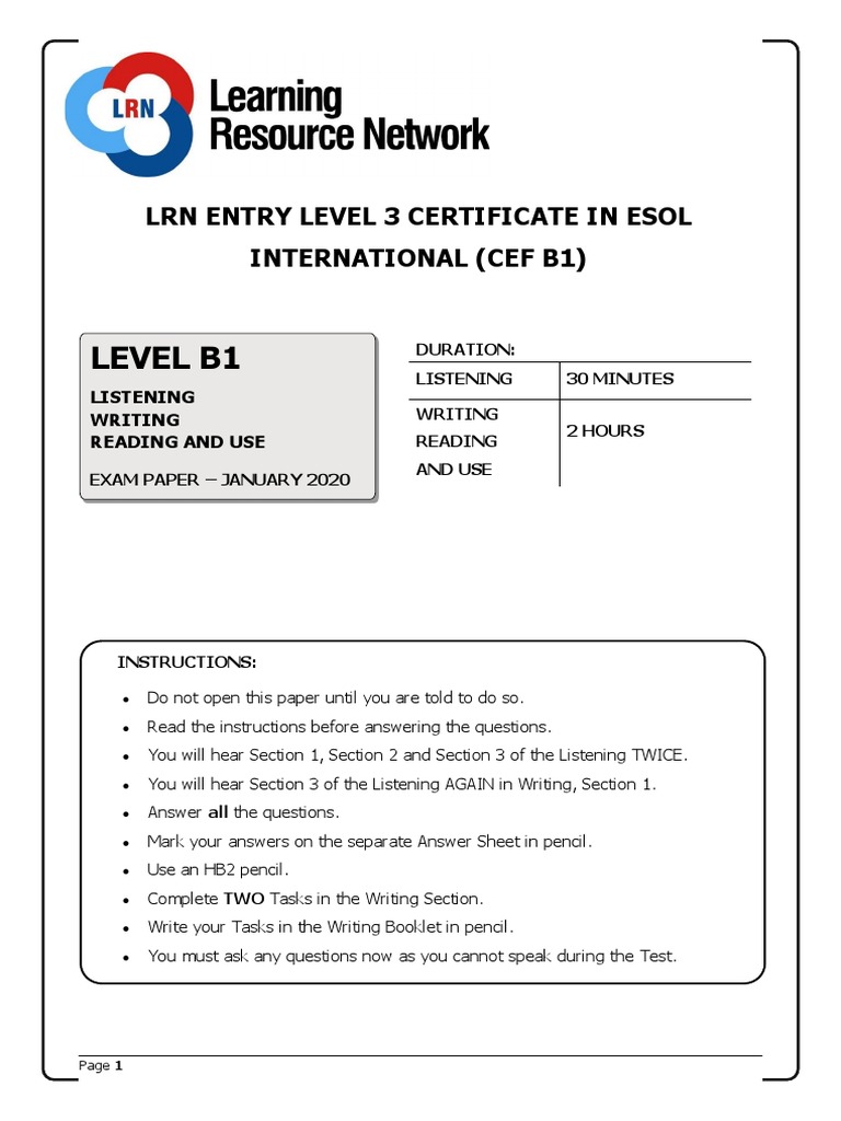 LRN January 2020 Level B1 Past Paper PDF | PDF