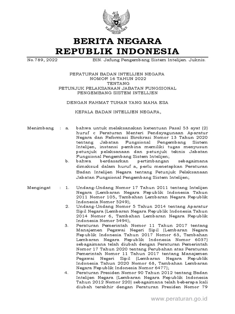 Peraturan Badan Intelijen Negara (BIN) Nomor 16 Tahun 2022 | PDF ...