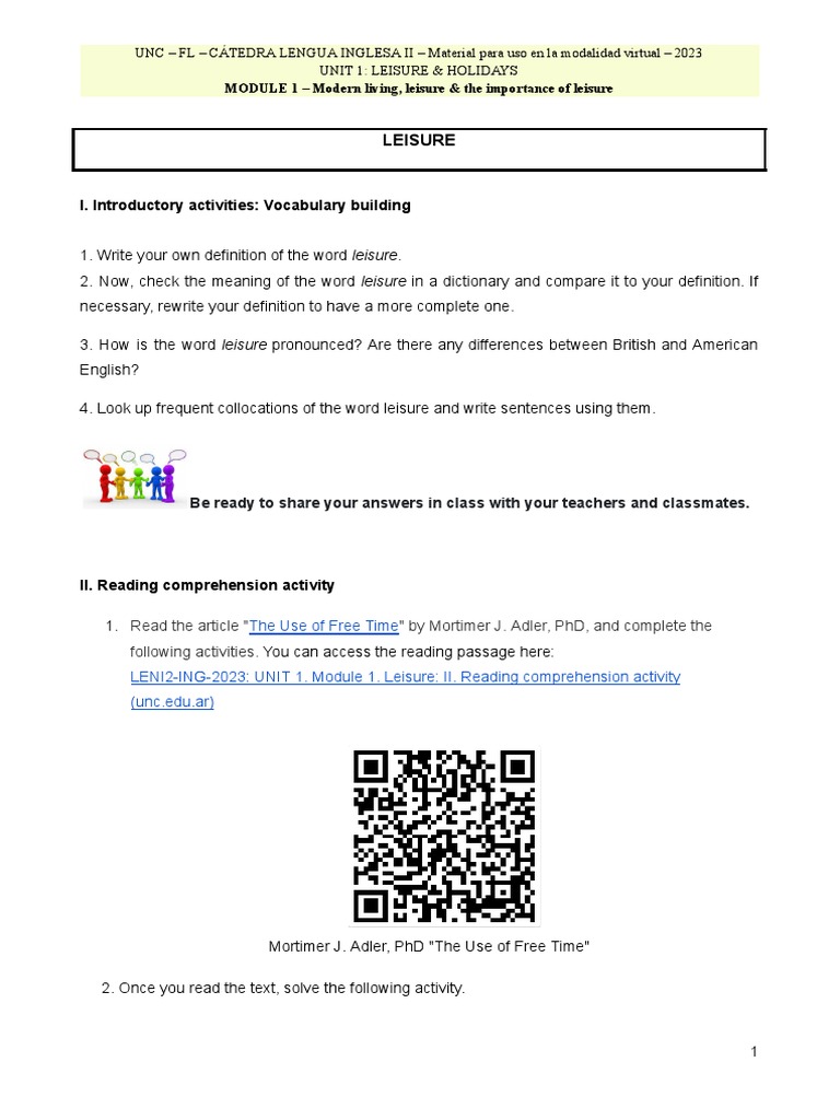 Unit 1 - Module 1 - English Language Ii - Aula Virtual 2023 PDF | PDF | Leisure | Cognition