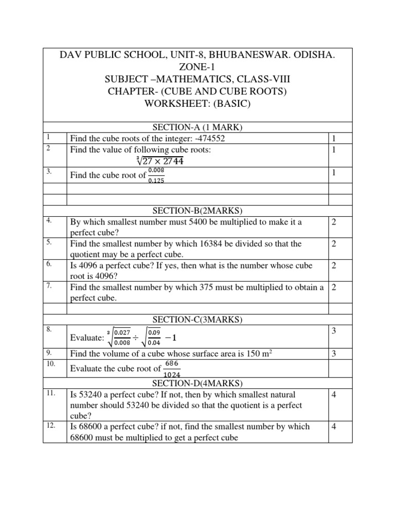 Class 8 Cube and Cube Roots Worksheet | PDF | Volume | Numbers