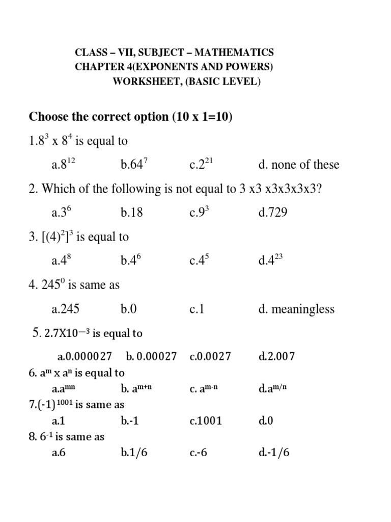 WS-Class VII-exponent and Power | PDF | Exponentiation | Algebra