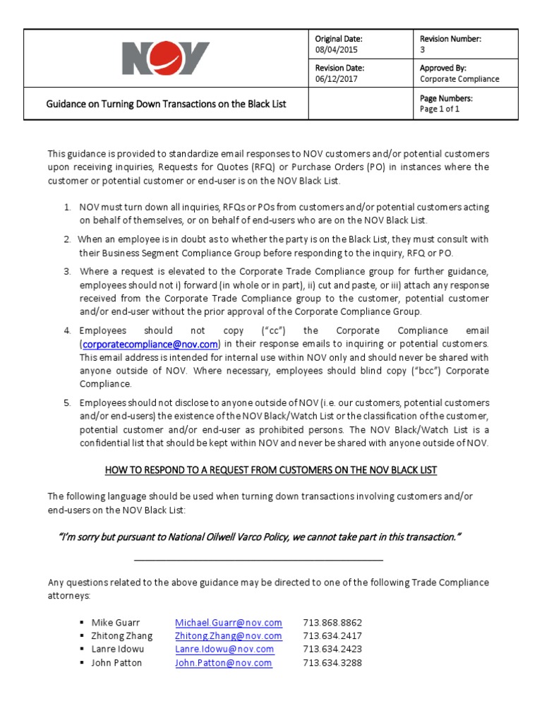 Guidance for Rejecting Black List Transactions | PDF | Business