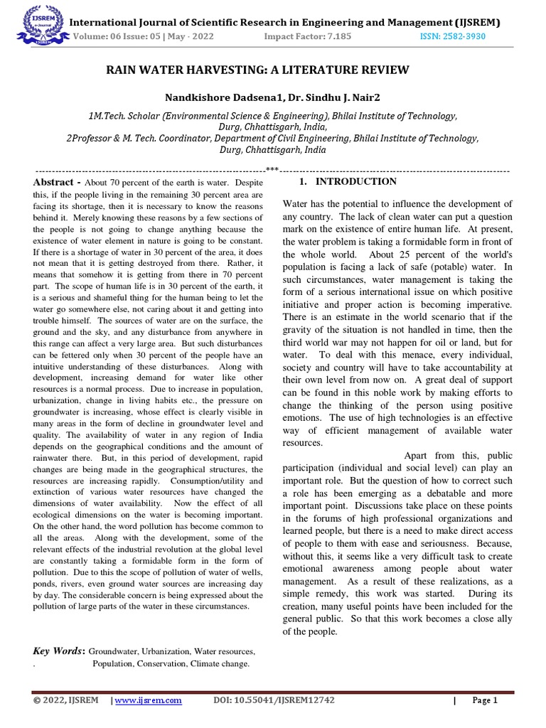 Rain Water Harvesting A Literature Review | PDF | Technology & Engineering