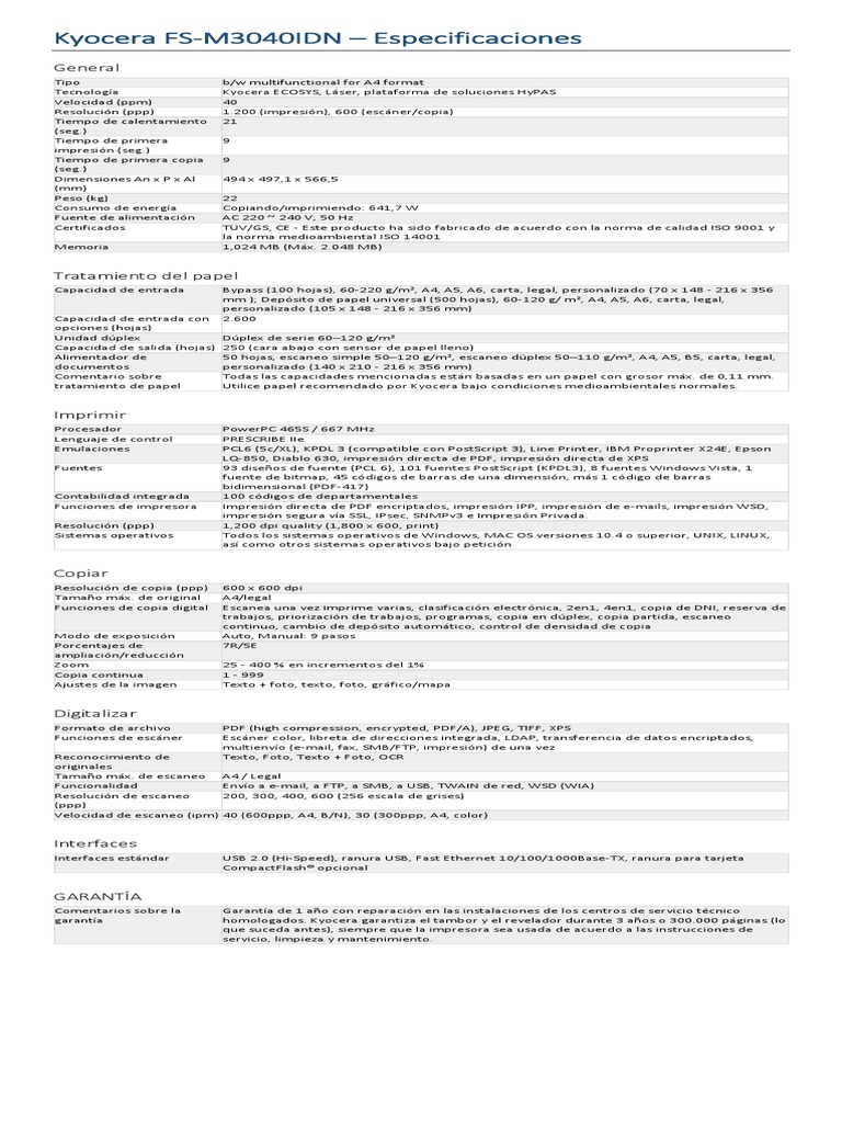 Kyocera FS-M3040IDN - Especificaciones | PDF | Escáner de imagen | Equipo de oficina