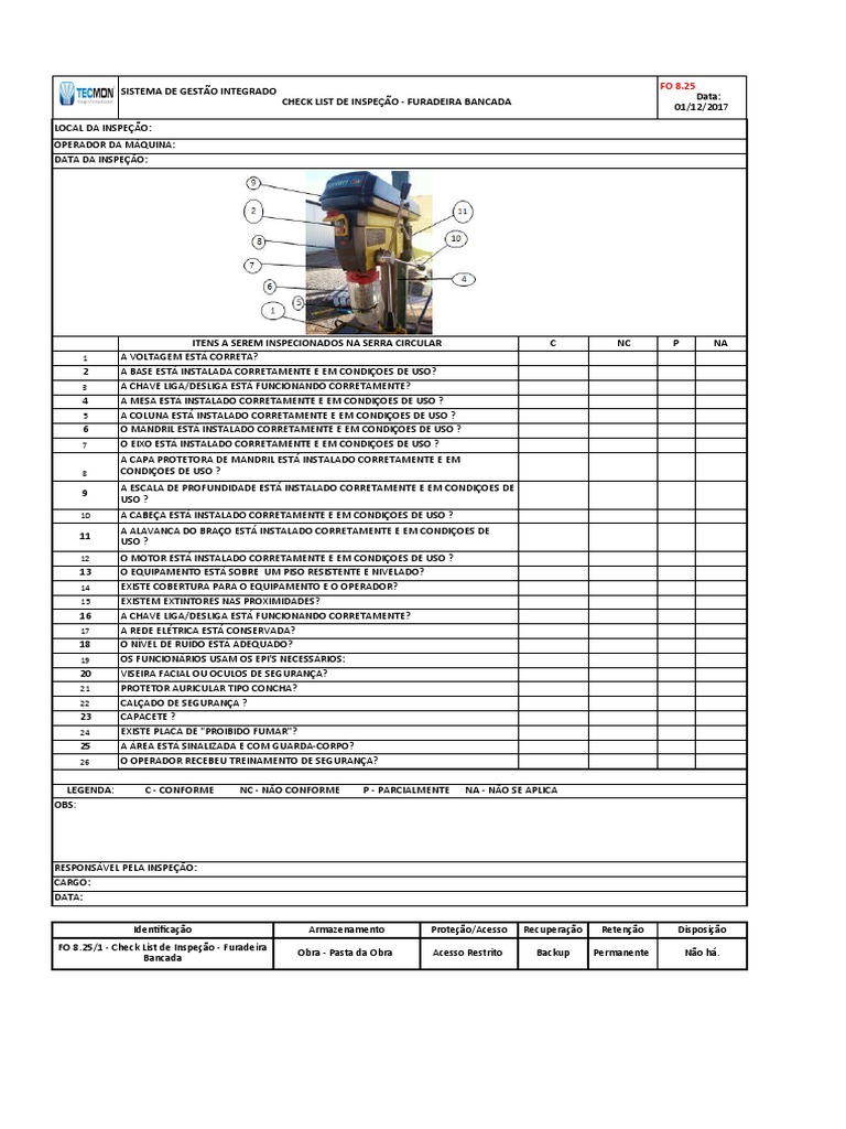 8. FO 8.25 - vr.01 - Check List de Inspeção - Furadeira Bancada.xls | PDF