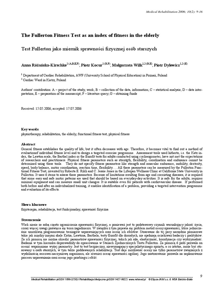 Test Fullerton Jako Miernik Sprawności Fizycznej Osób Starszych | PDF