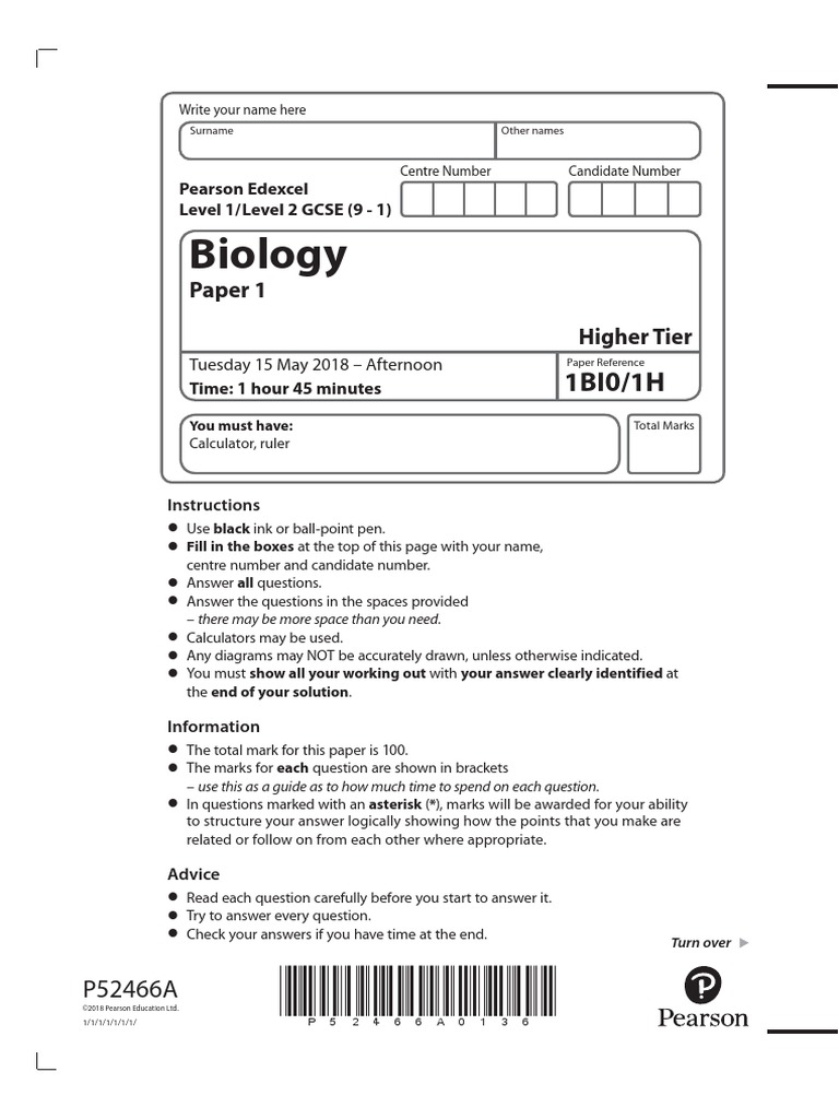 1BI0 1H June18 QP-GCSE-Edexcel-Biology PDF | PDF
