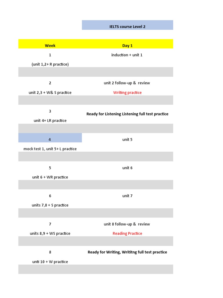 IELTS Level 2 Course Schedule | PDF | Tests | Standardized Tests