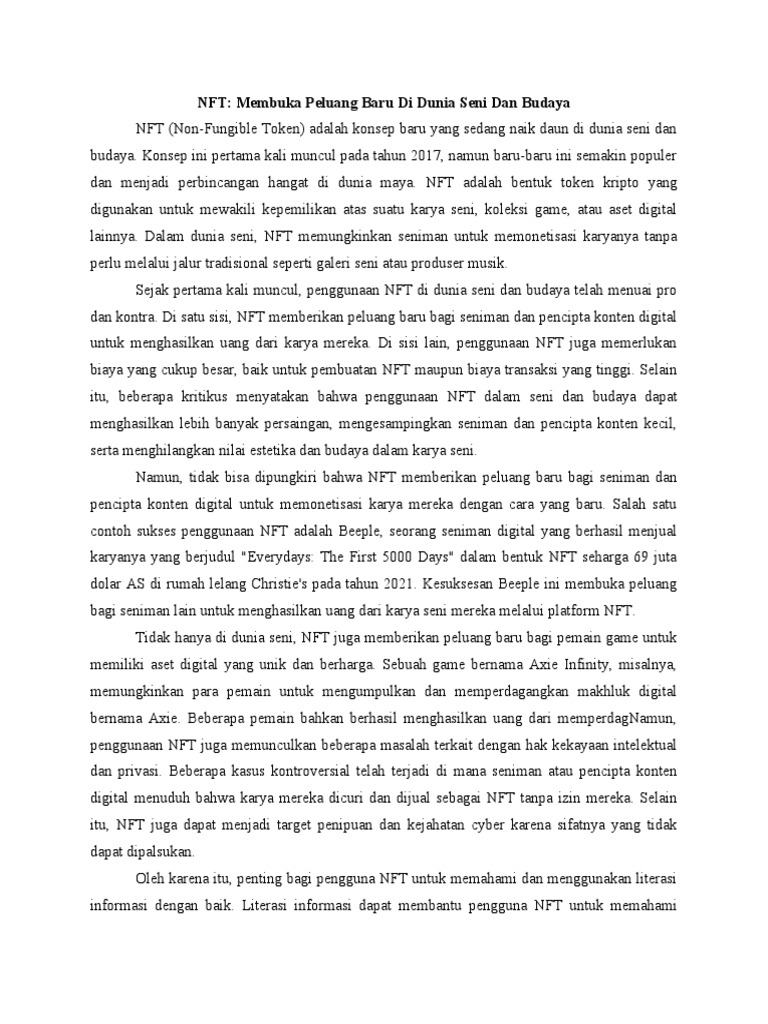 MENGEMBANGKAN LITERASI INFORMASI UNTUK MENGHADAPI TANTANGAN PENGGUNAAN NFT | PDF