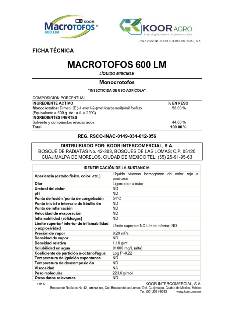 Ficha Técnica: Insecticida Macrotophos 600 LM | PDF