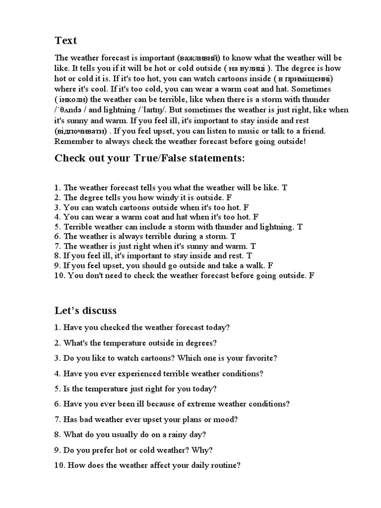 Weather worksheet A1.2 | PDF