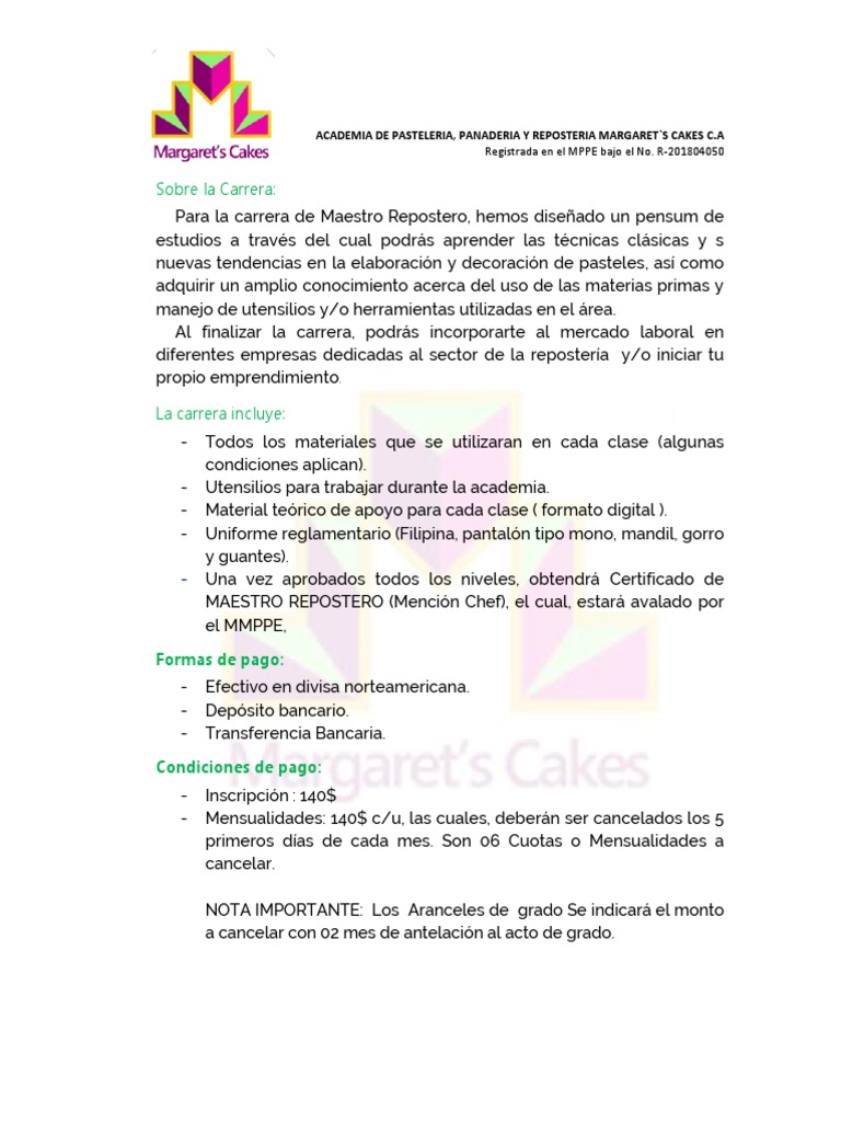Formato Informacion Carrera Maestro Repostero APPR - MC | PDF