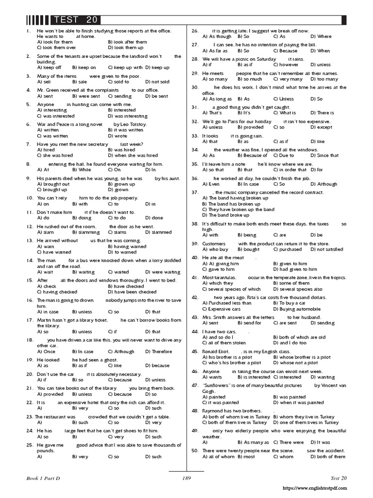 English Grammar Test with Answers | PDF