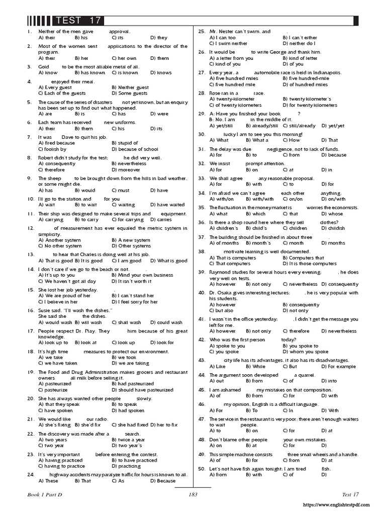 English Grammar Test with Answers | PDF