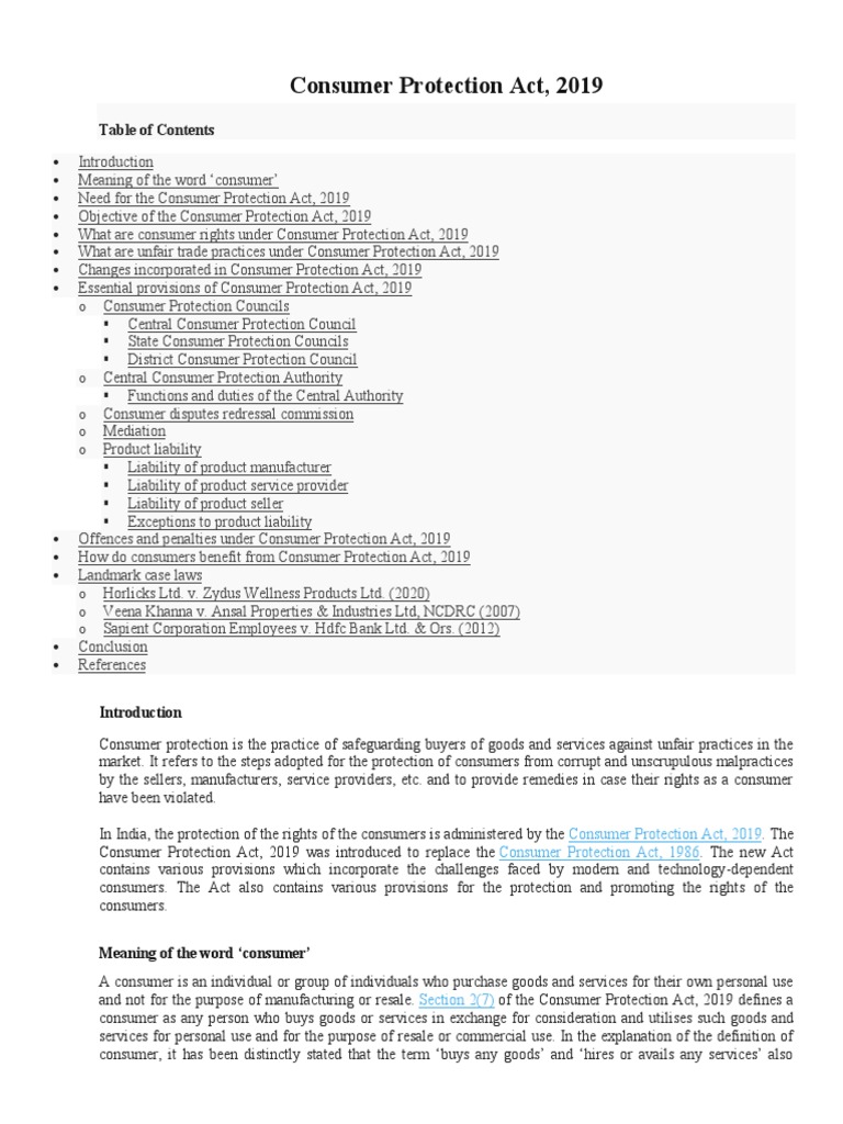 Consumer Protection Act 2019 Notes | PDF