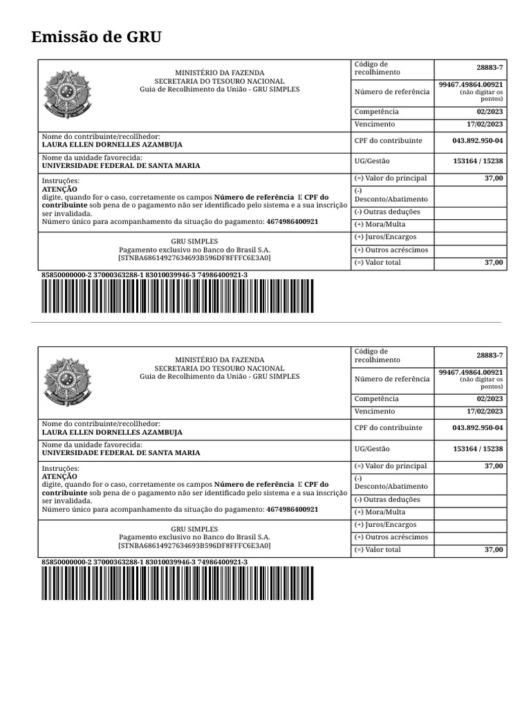 Emissão GRU pagamento universidade | PDF