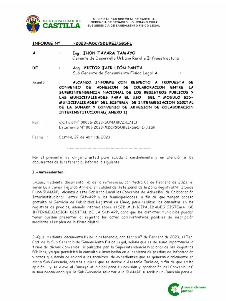 Informe Sobre Convenios Sunarp | PDF