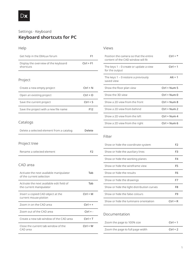 DIALux Keyboard Shortcuts Guide | PDF