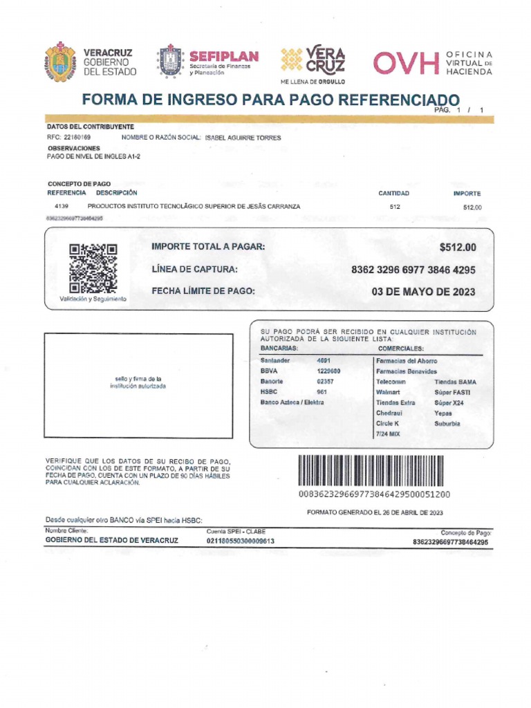 Comprobante de Pago de Ingles PDF | PDF
