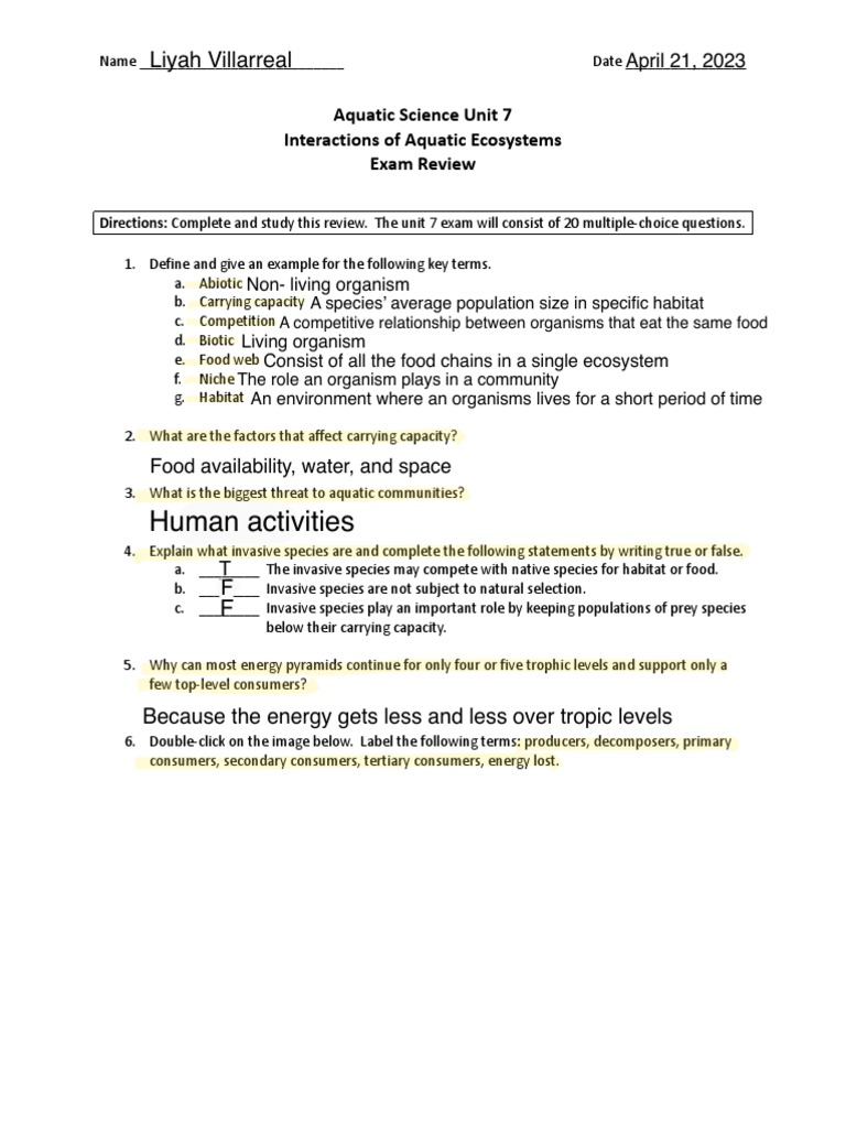 Aquatic Science Unit 7 Exam Review | PDF