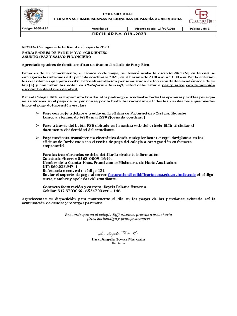 Circular #19 - Paz y Salvo Financiero | PDF | Bancario
