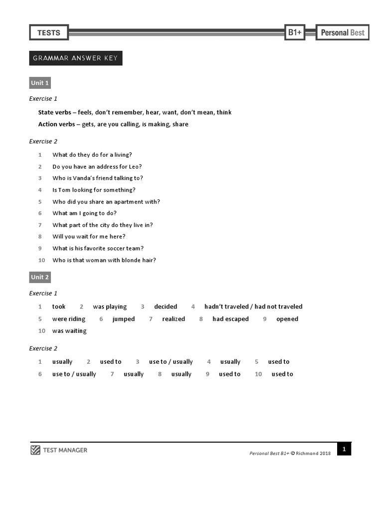 Personal Best B1 Grammar Tests Answer Key | PDF